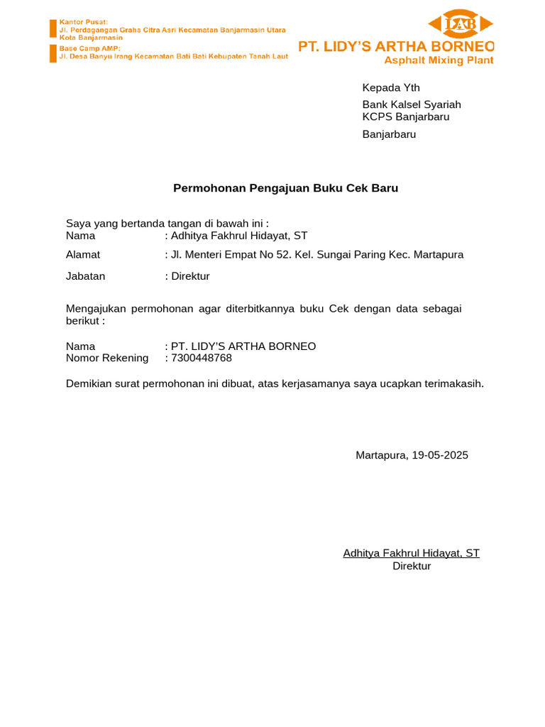 Surat Permohonan Bilyet Giro Atau Cek | PDF