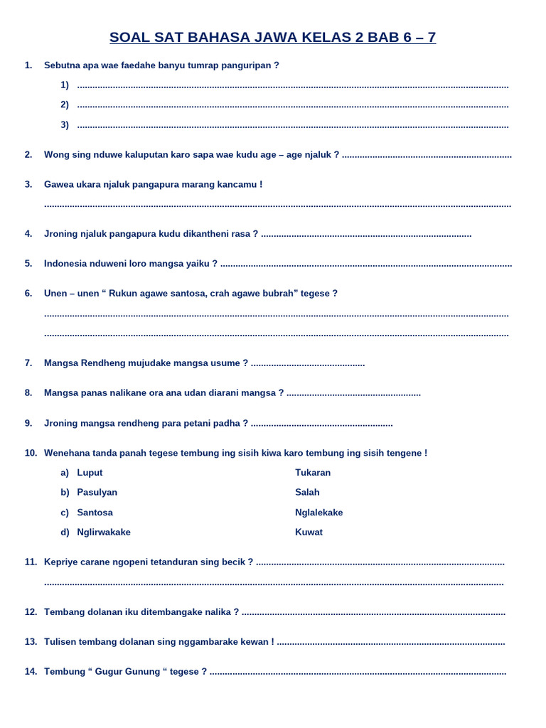 Soal Sat Bahasa Jawa Kelas 2 Bab 6 | PDF