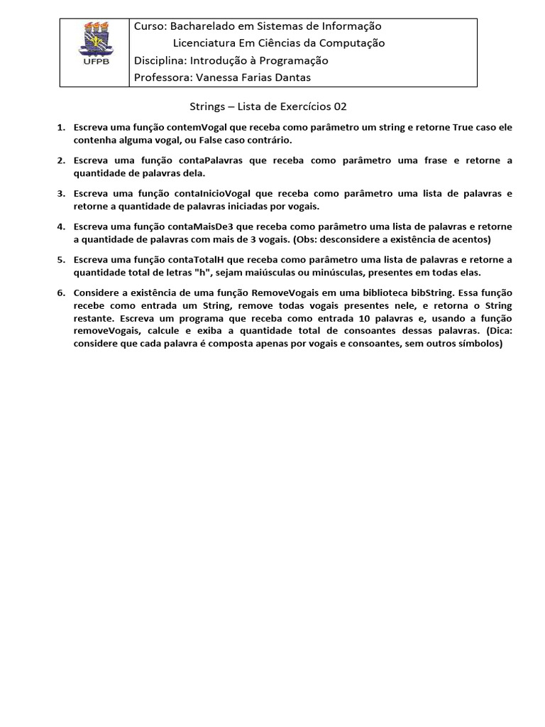 Strings - Lista de Exerc-Cios 02 | PDF