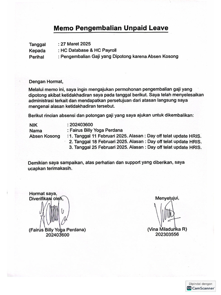 Memo Pengembalian Unpaid Leave | PDF