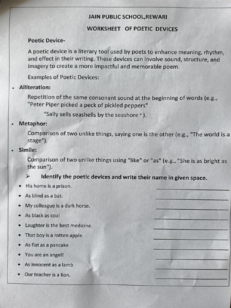 Grade - 6 (Worksheet of Poetic Devices) | PDF