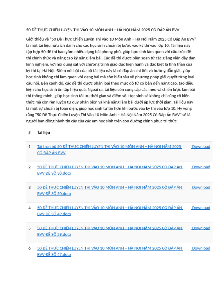 50 Đề Thực Chiến Luyện Thi Vào 10 Môn Anh – Hà Nội Năm 2025 Có Đáp Án Bvv Bản Chuẩn | PDF