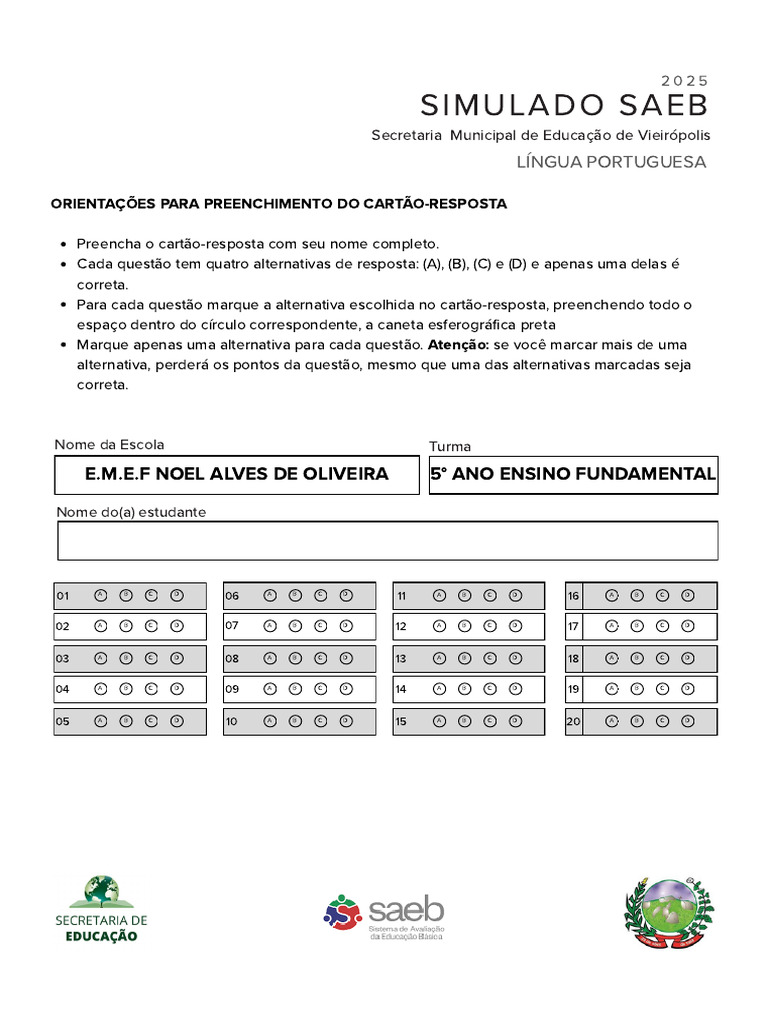 Cartão-Resposta Simulao Saeb 2025 | PDF