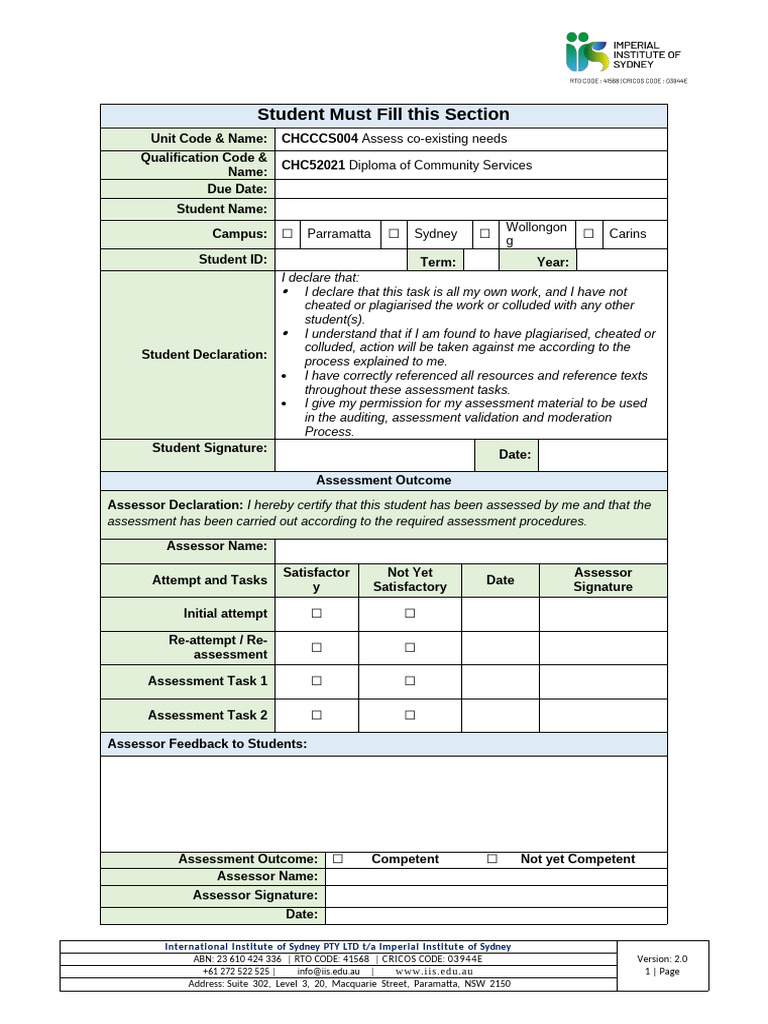 CHCCCS004 Student Assessment Task V2.0 | PDF | Educational Assessment