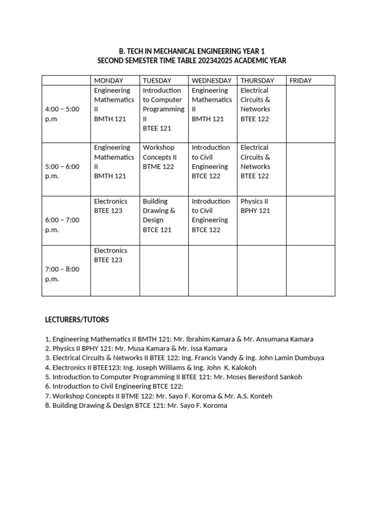 Btme Year One Time Table | PDF