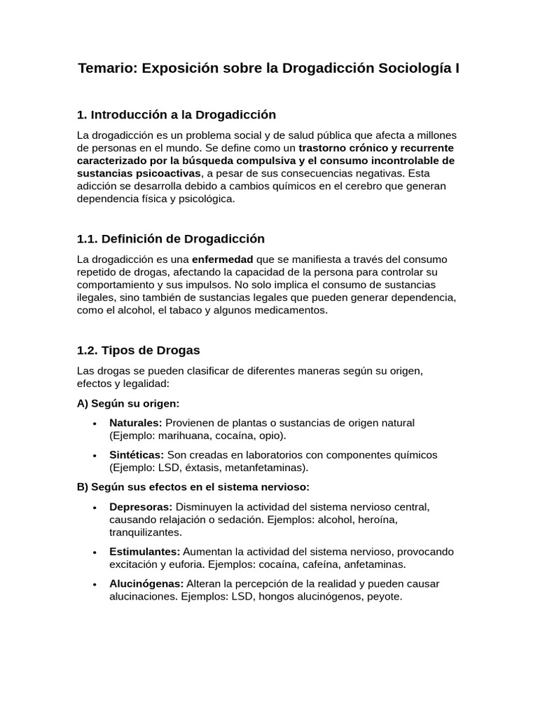 Temario Exposición Drogadicción | PDF | La dependencia de sustancias | Drogas Psicoactivas