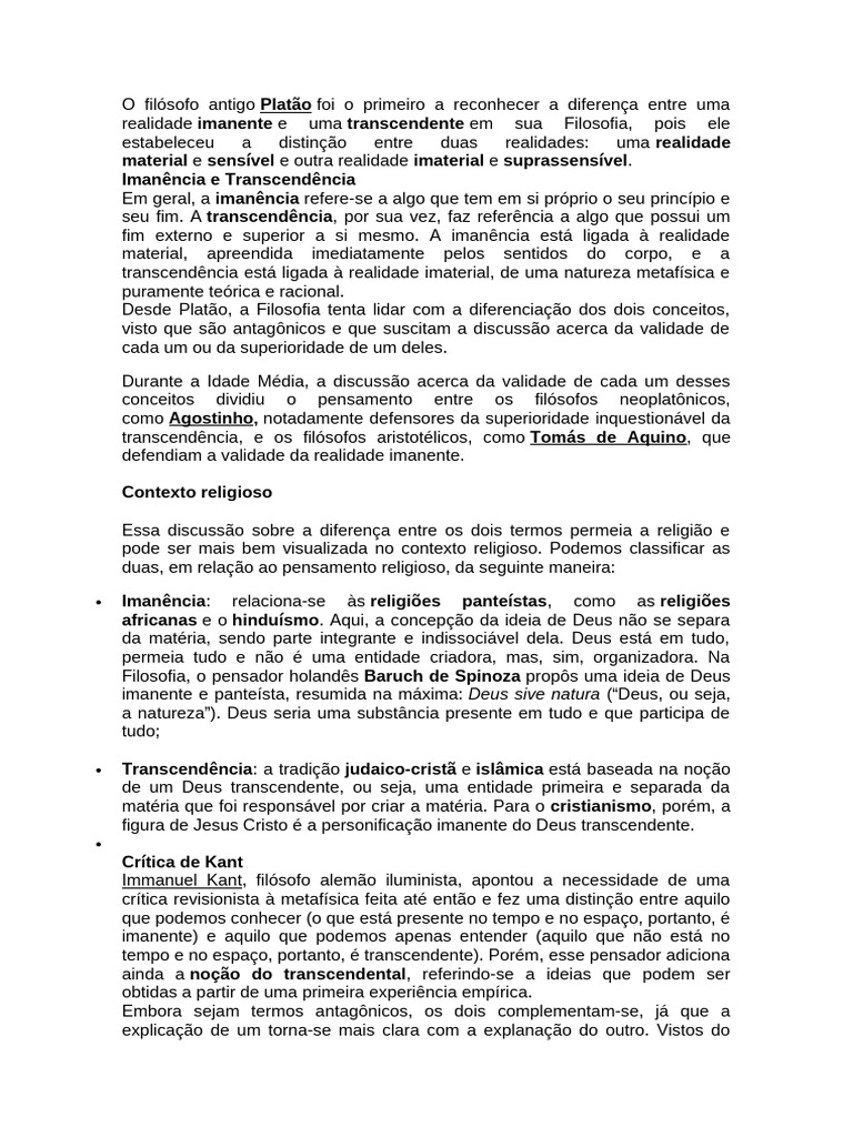 Transcendência e Imanência | PDF | Transcendência (religião) | Deus