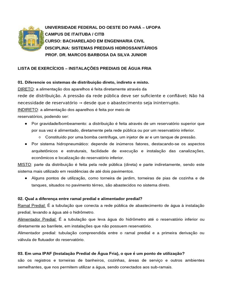 Sistemas Prediais de Água Fria: Exercícios | PDF | Bomba | Pressão