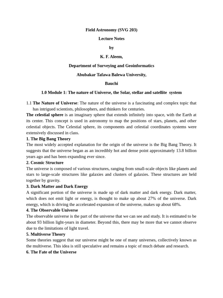 SVG 203 Field Astronomy Module 1NAture of Universe Solar Stellar and Satellite System | PDF ...