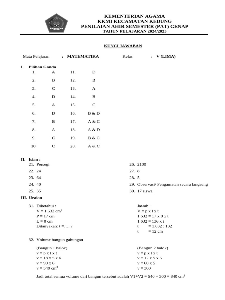 Kunci Jawaban Pat MTK Kelas 5 | PDF