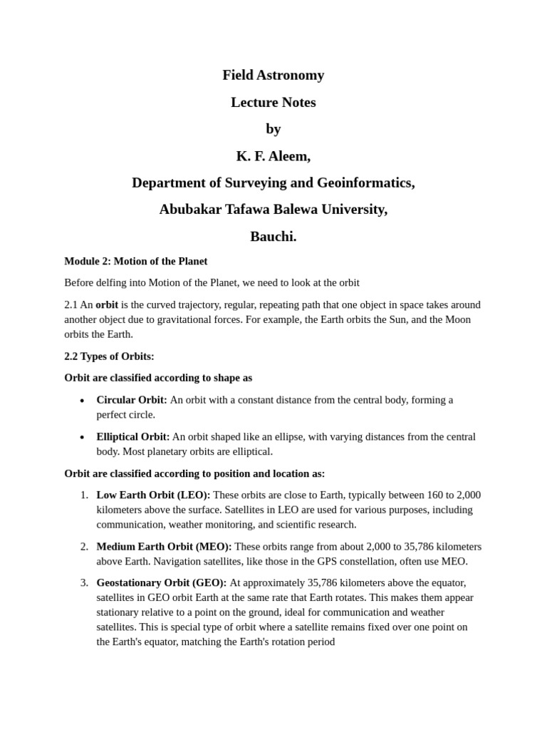 SVG 203 Field Astronomy Module 2 Motion of Planets | PDF | Orbit ...