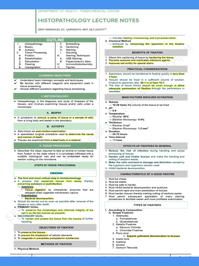 Histopath Notes 2024 Sarmiento E. | PDF | Histopathology | Fixation ...