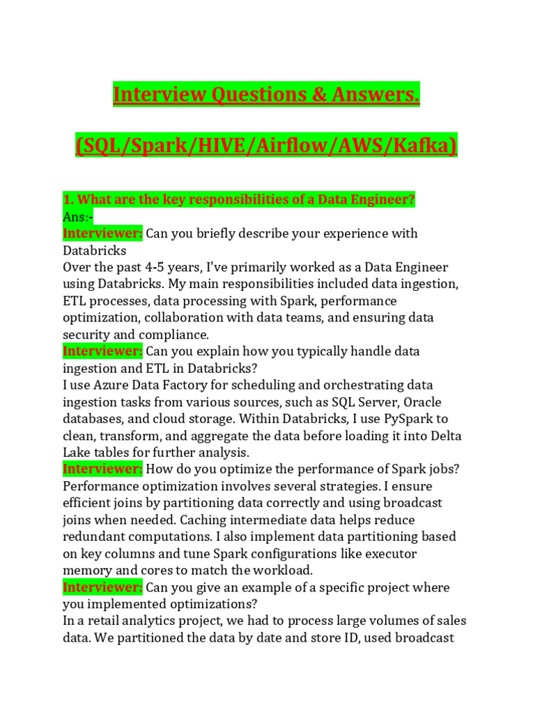 Interview Q & a (SQL Spark HIVE Airflow AWS Kafka)-1 | PDF | Database Index | Apache Spark