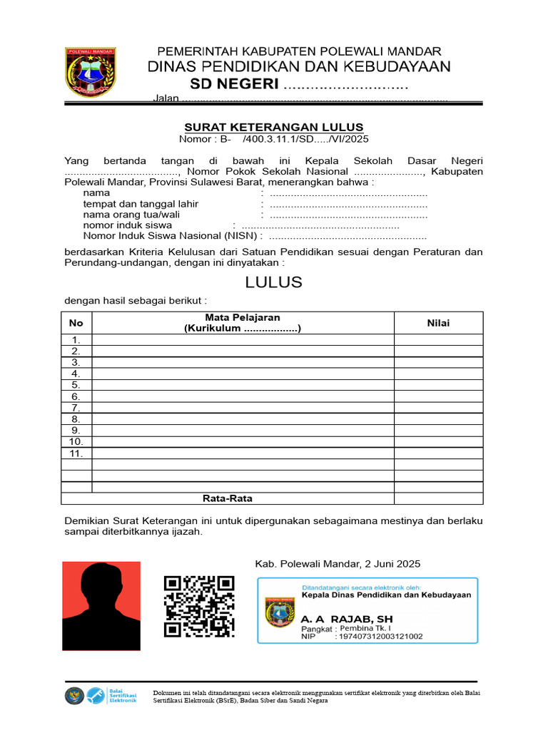 Contoh Surat Keterangan Lulus SD | PDF