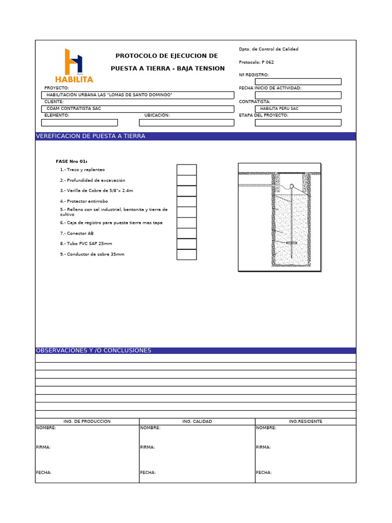P-062 Protocolo de Puesta A Tierra BT | PDF