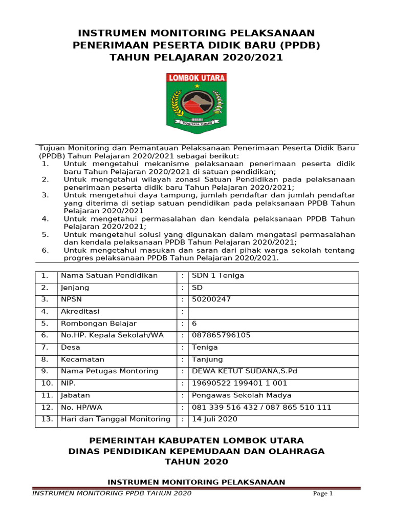 Instrumen Monev PPDB 2020-2021 | PDF