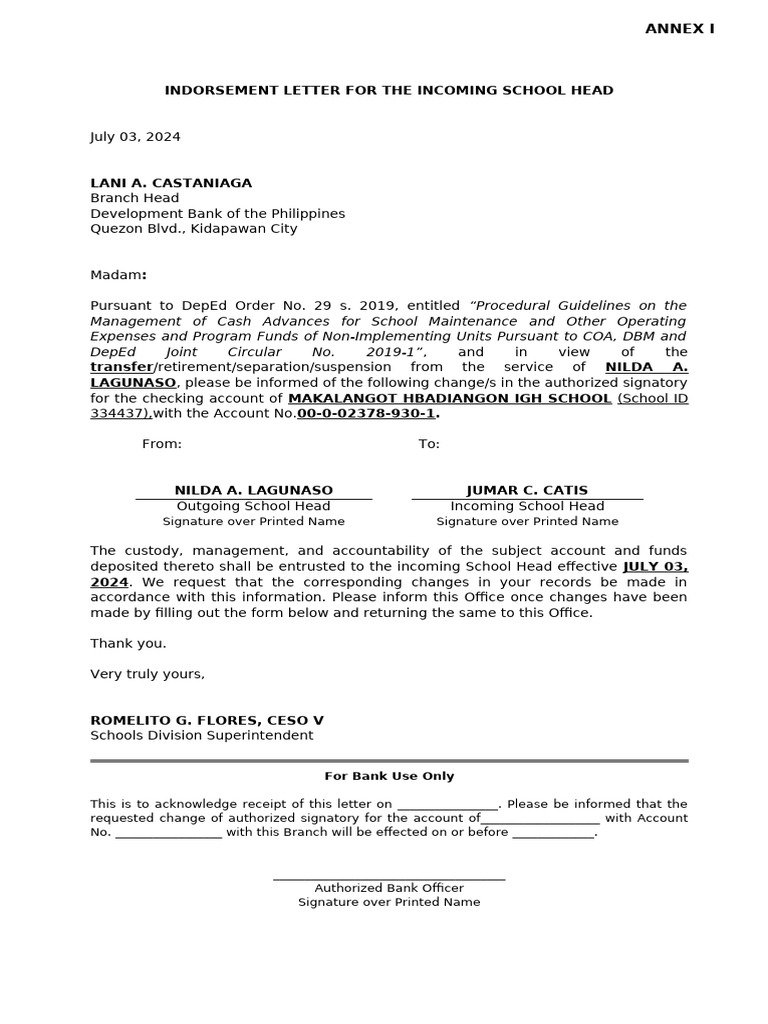 Annex I Indorsement Letter For The Incoming SH Do | PDF | Business ...