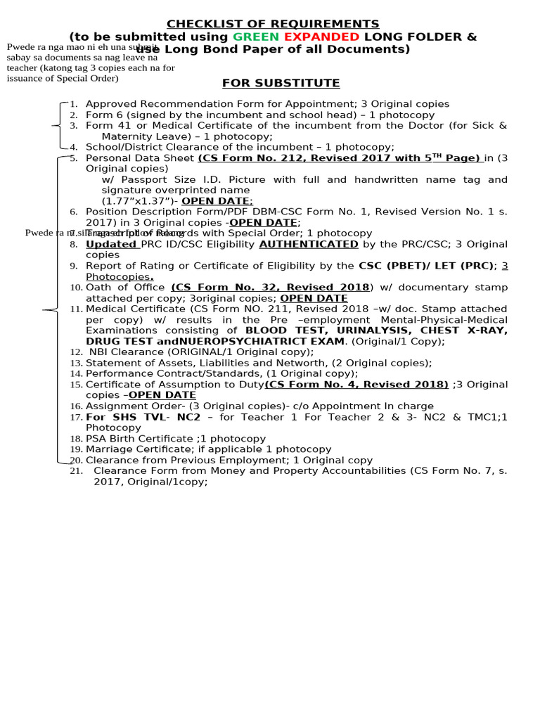 Checklist of Requirements For SUBSTITUTE | PDF