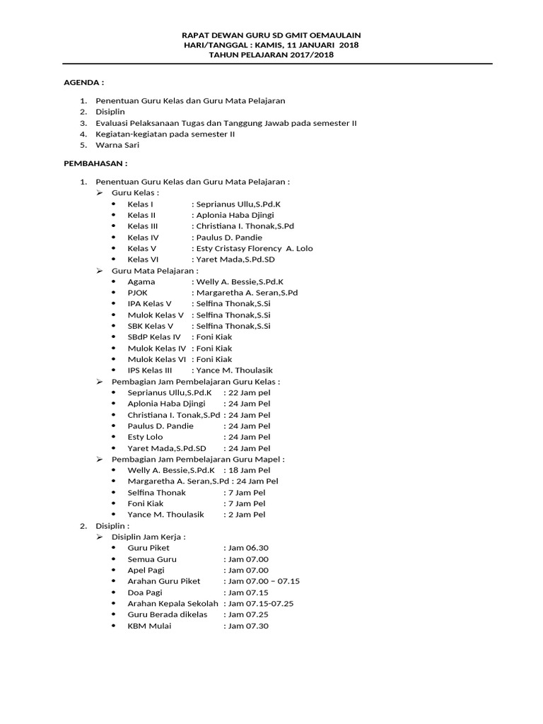 Notulen Rapat Dewan Guru Penentuan Guru Kelas-Mapel-Revisi | PDF