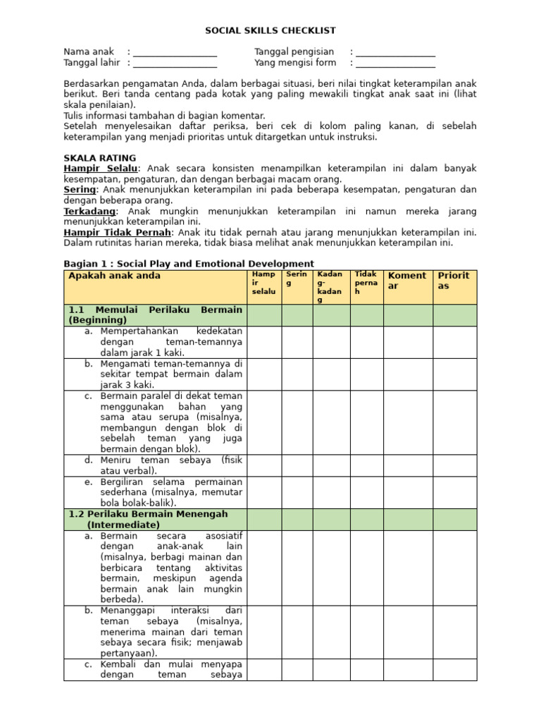 Social Skills Checklist | PDF