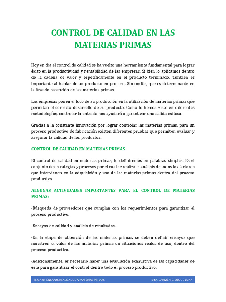 Control de Calidad en Materias Primas | PDF | Calidad (comercial ...