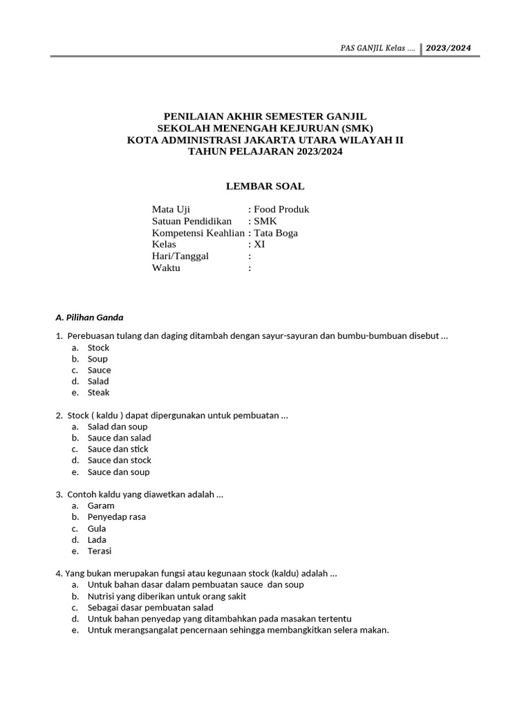 Naskah Soal Tata Boga Asesmen Bersama Semester Ganjil Kls Xi Th 2023 2024 | PDF