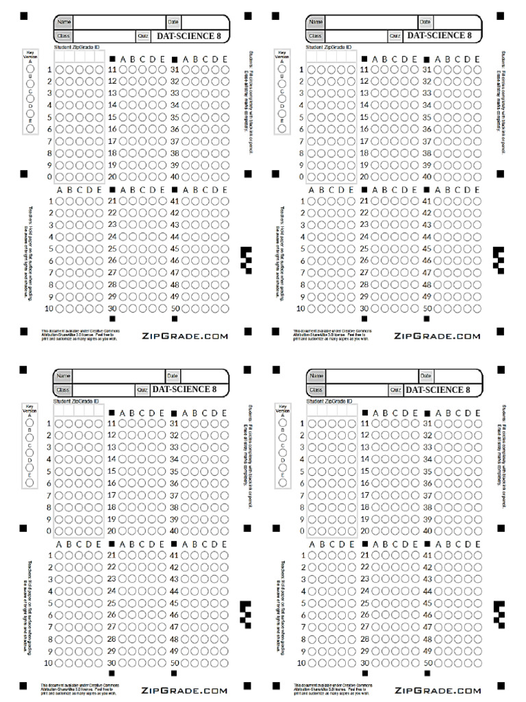 Answer Sheet 50 Items Zipgrade LETTER | PDF