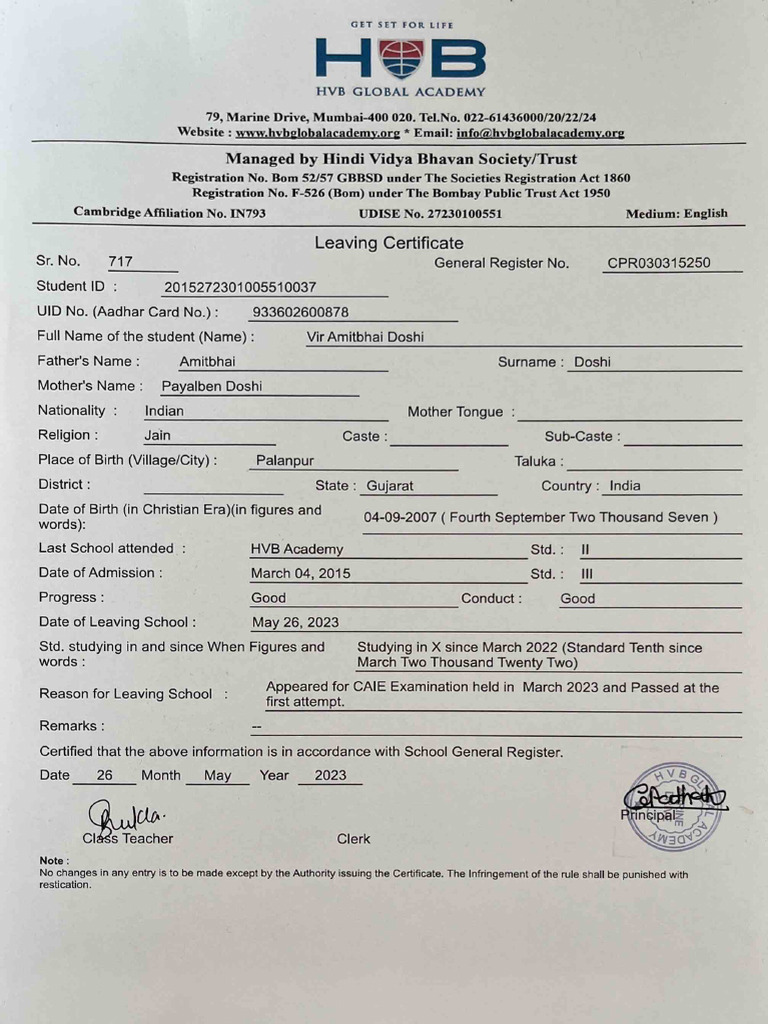 Vir Doshi - IGCSE Marksheet | PDF | Qualifications | Educational Stages