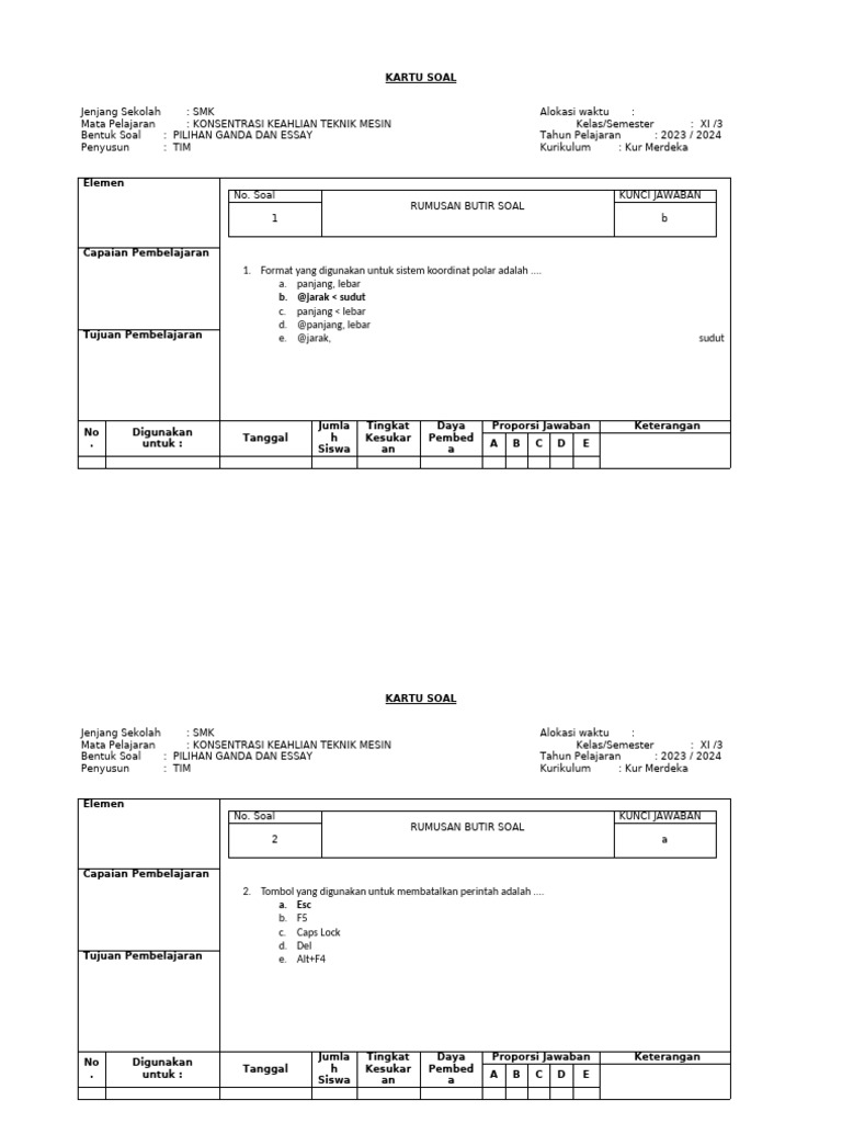 Kartu Soal Konsentrasi Keahlian Teknik Mesin Kelas Xi Kurmer | PDF