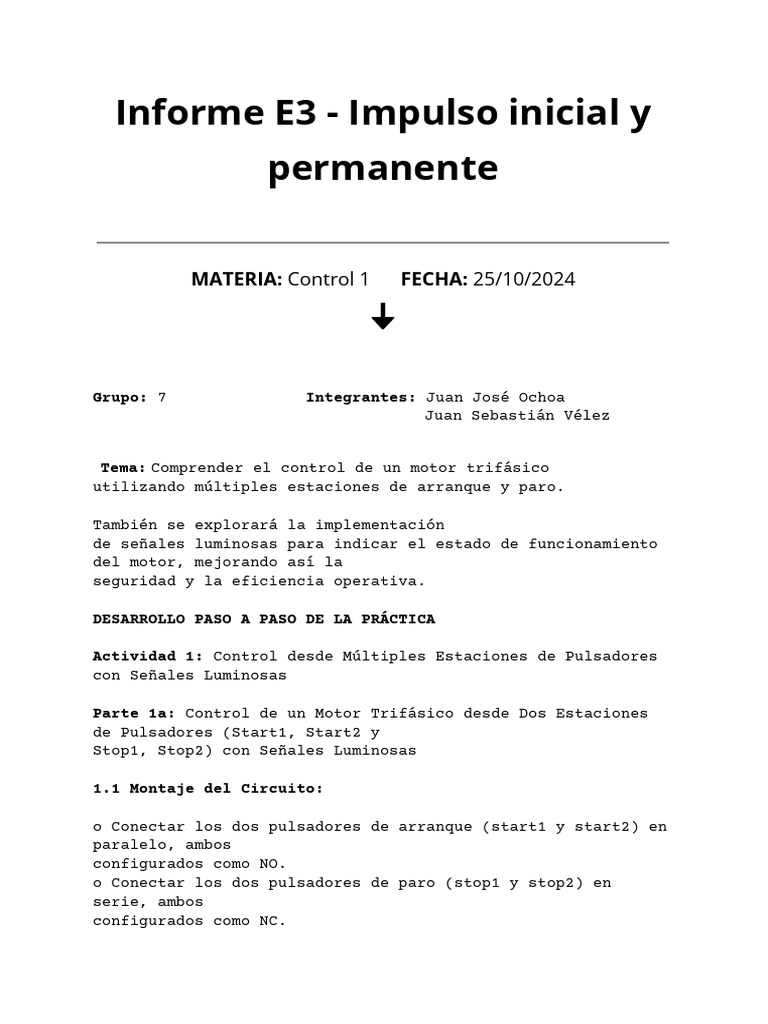 Informe E3 ImpulsoInicialyPermanente | PDF | Cambiar | Ingenieria Eléctrica