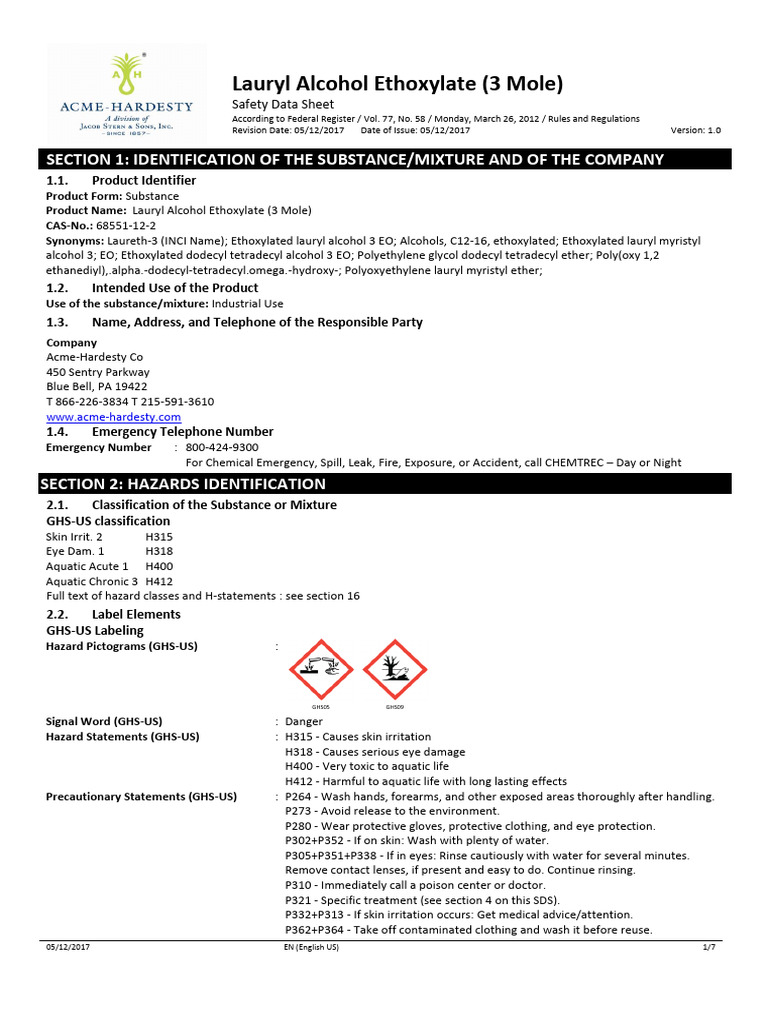 Lauryl Alcohol Ethoxylate SDS Summary | PDF | Toxicity | Firefighting