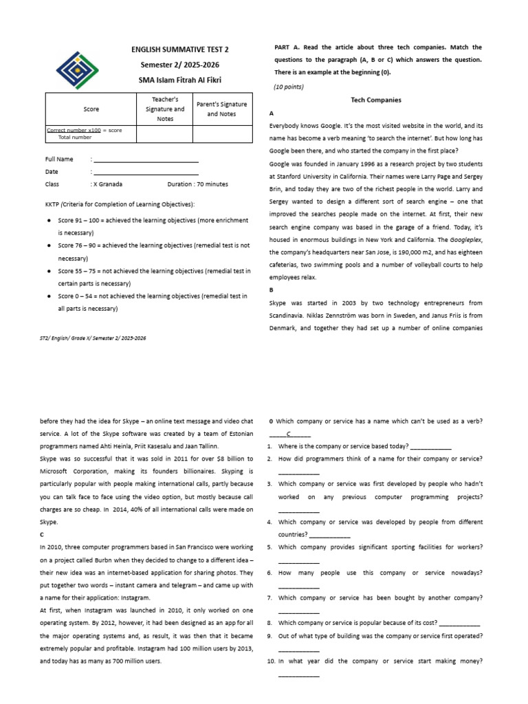 English Summative Test 2 - Grade X | PDF