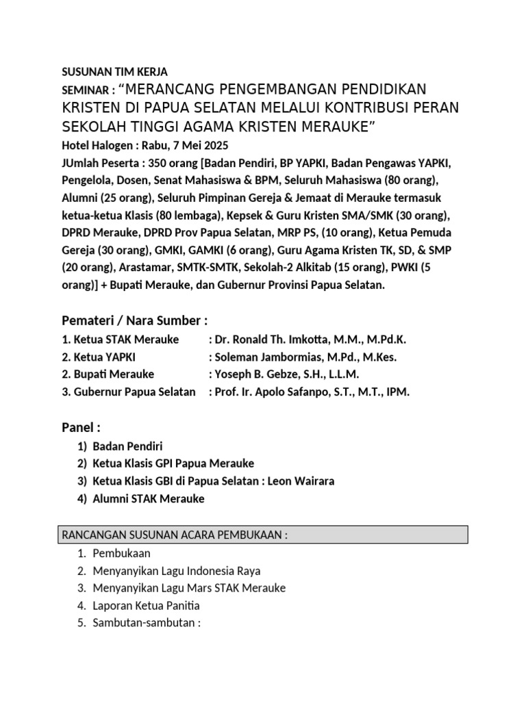 Tim Kerja Seminar STAK Merauke Rabu 7 Mei 2025 Hotel Halogen | PDF