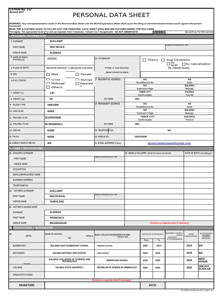 CS Form No. 212 Personal Data Sheet Revised | PDF | Government | Justice
