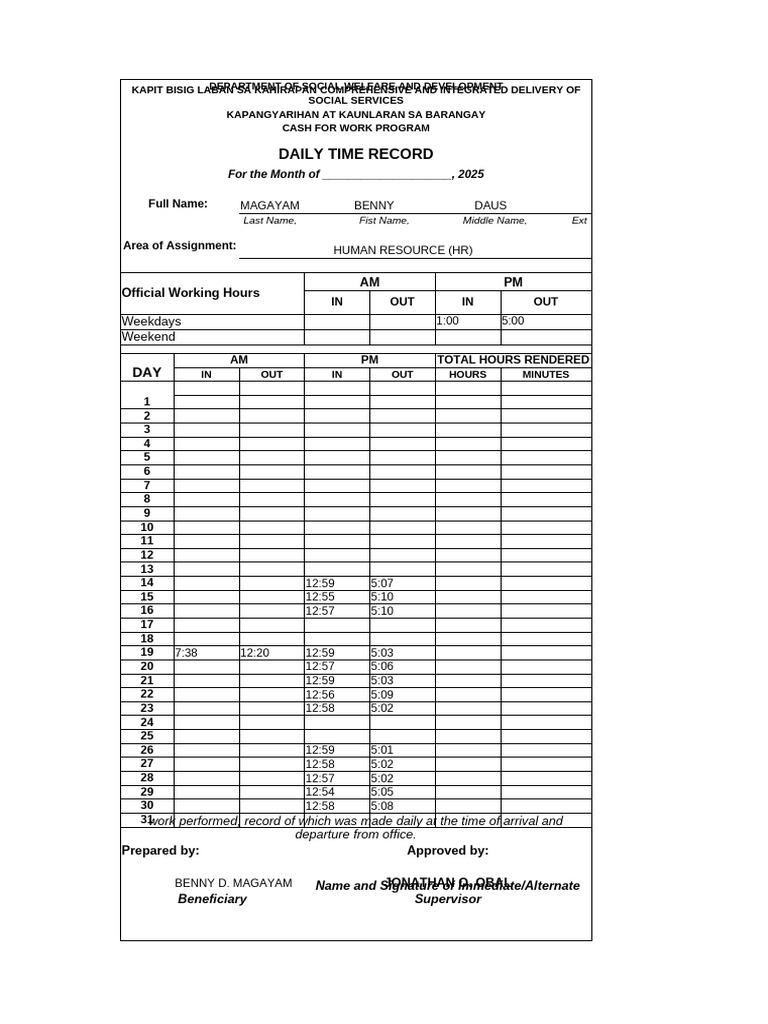 ANNEX D - Daily Time Record For CFWP | PDF