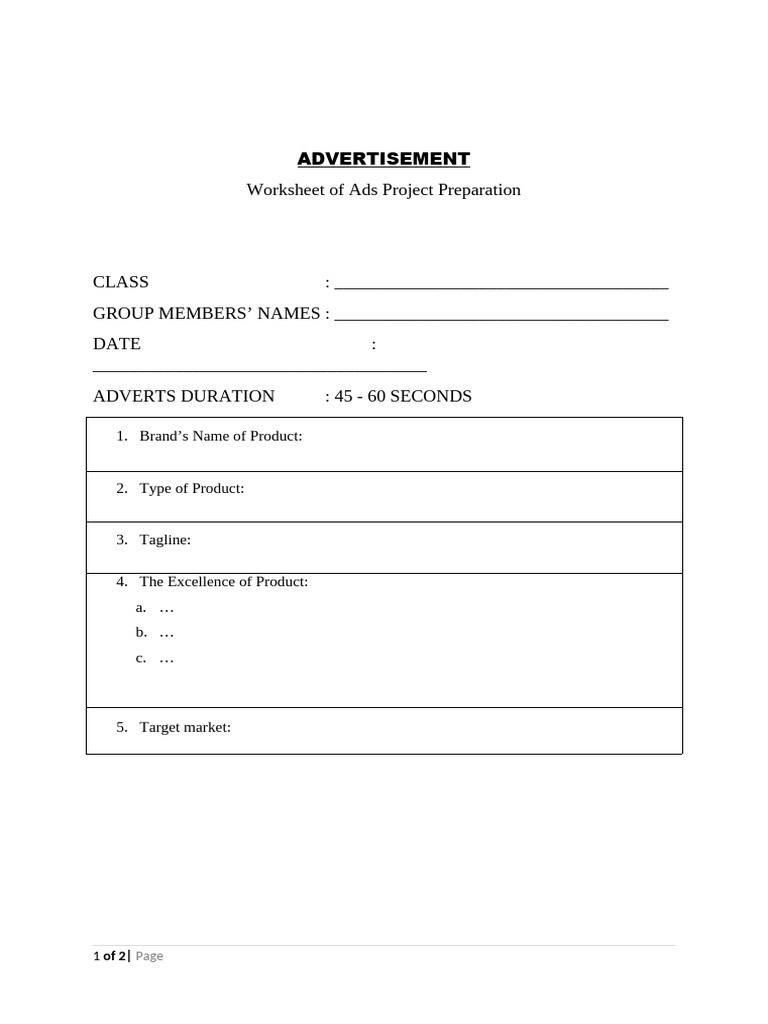 Advertisement (Project Worksheet) | PDF