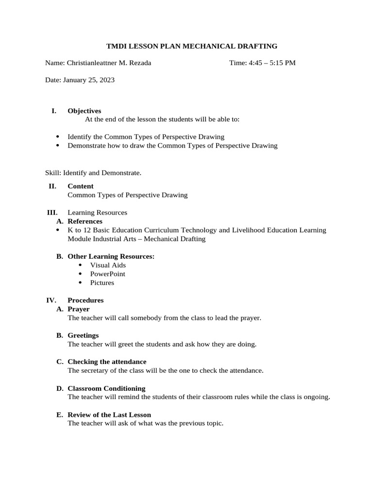 Tmdi - Lesson Plan - Rezada - Mechanical Drafting | PDF | Perspective ...