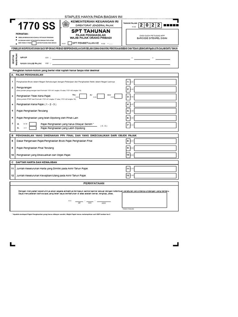 Formulir SPT 1770 SS 2022.Xlsx - 1770SS | PDF