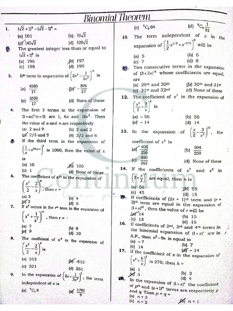 Binomial Theorem Mcqs | PDF