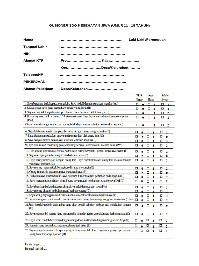 Qusioner SDQ Kesehatan Jiwa | PDF