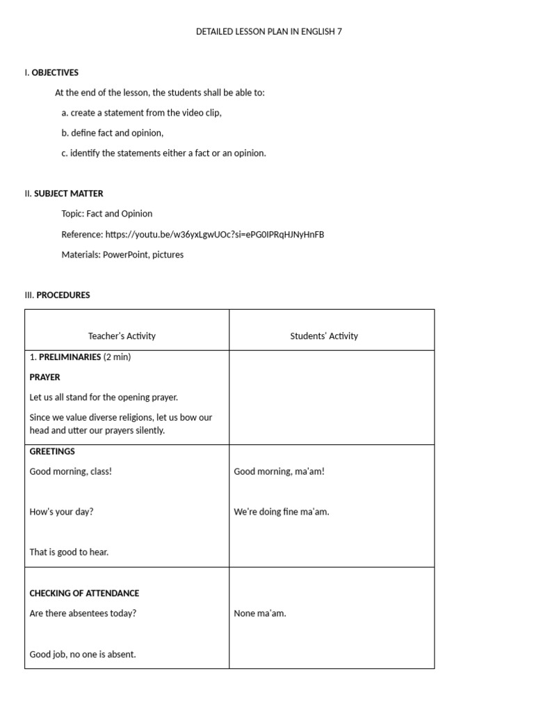 Fact vs. Opinion Lesson Plan for Grade 7 | PDF | Lesson Plan | Learning
