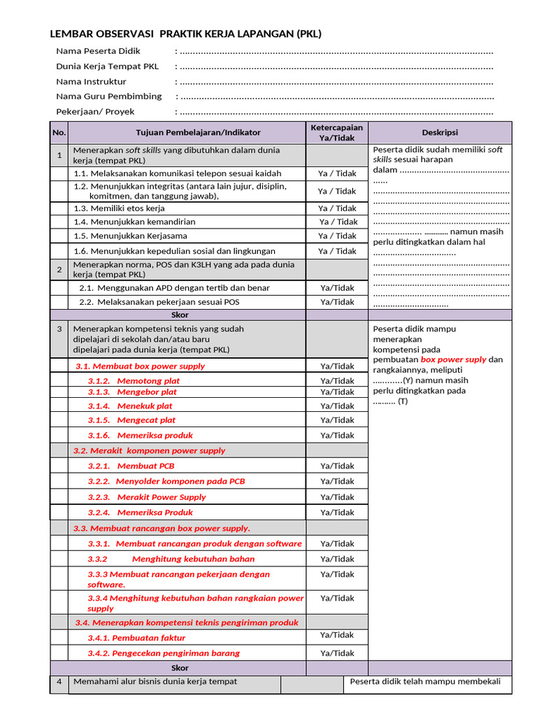 Lembar Observasi PKL Kurmer | PDF