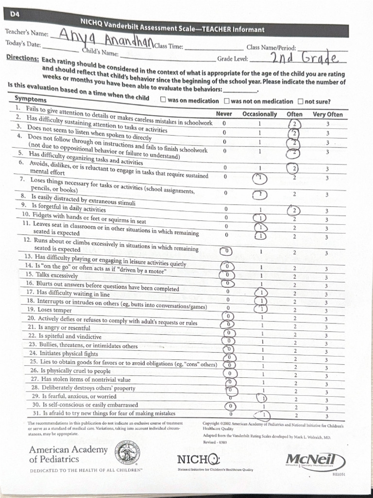 NICHQ Vanderbilt Assessment Scale-TEACHER Informant | PDF