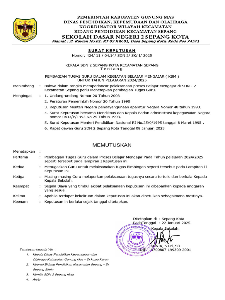 Sk Pembagian Tugas Guru | PDF