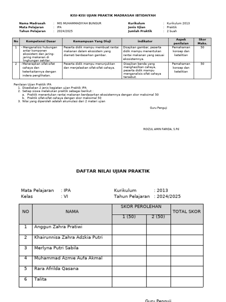 Kisi-Kisi, DN, DH Ujian Prktik Ipa Kelas 6-1 | PDF