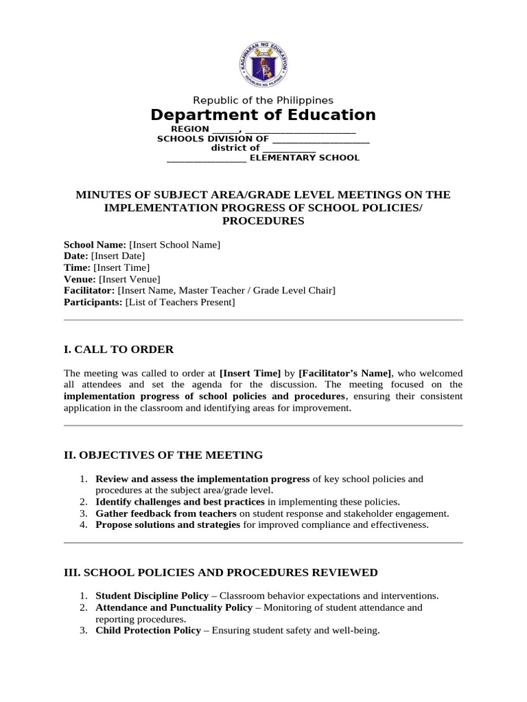 Grade Level Meeting Minutes on Policy Implementation | PDF | Teachers ...