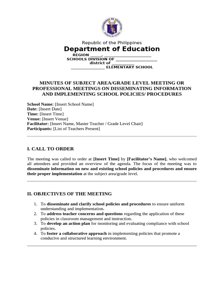 Minutes of Subject Areagrade Level Meeting or Professional Meeting On ...