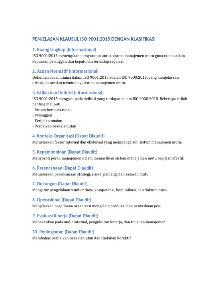 Penjelasan Klausul ISO9001 Klasifikasi | PDF
