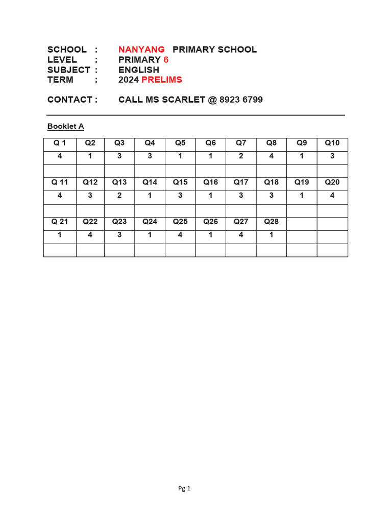 NYPS 2024 P6 Prelim El Answer | PDF