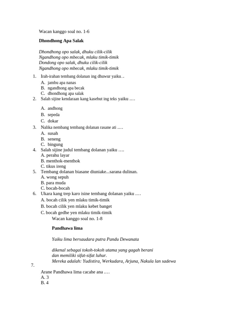 Soal BHS Jawa Kelas 2 | PDF